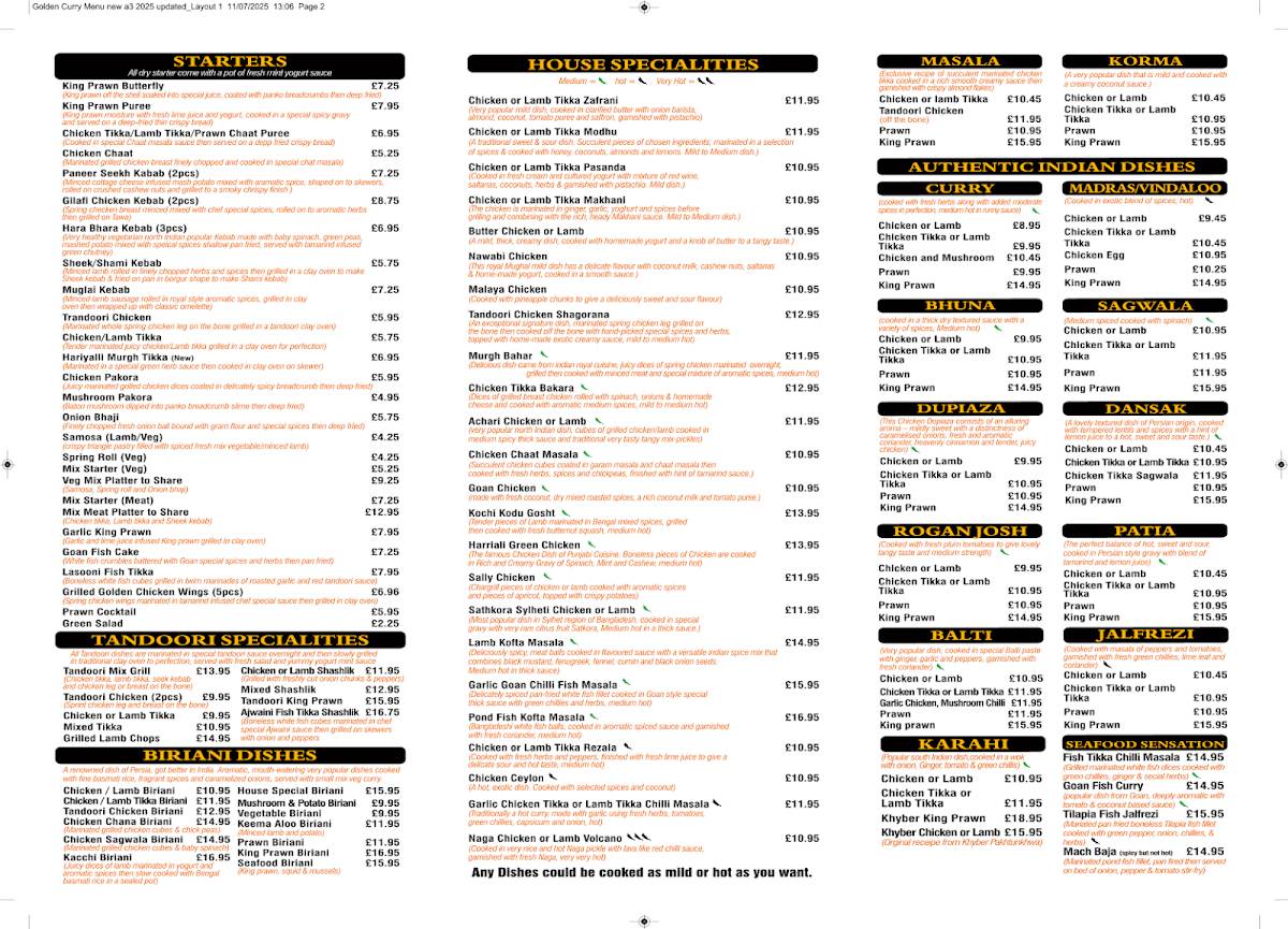 Menu at Golden Curry restaurant, Clacton-on-Sea