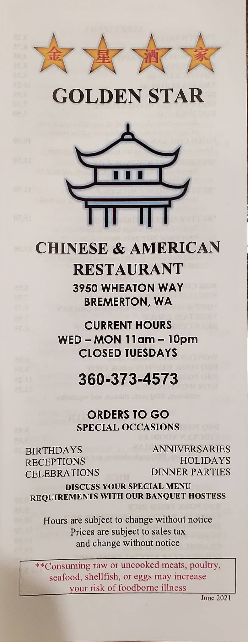 Menu at Golden Star Chinese & American Restaurant, Bremerton