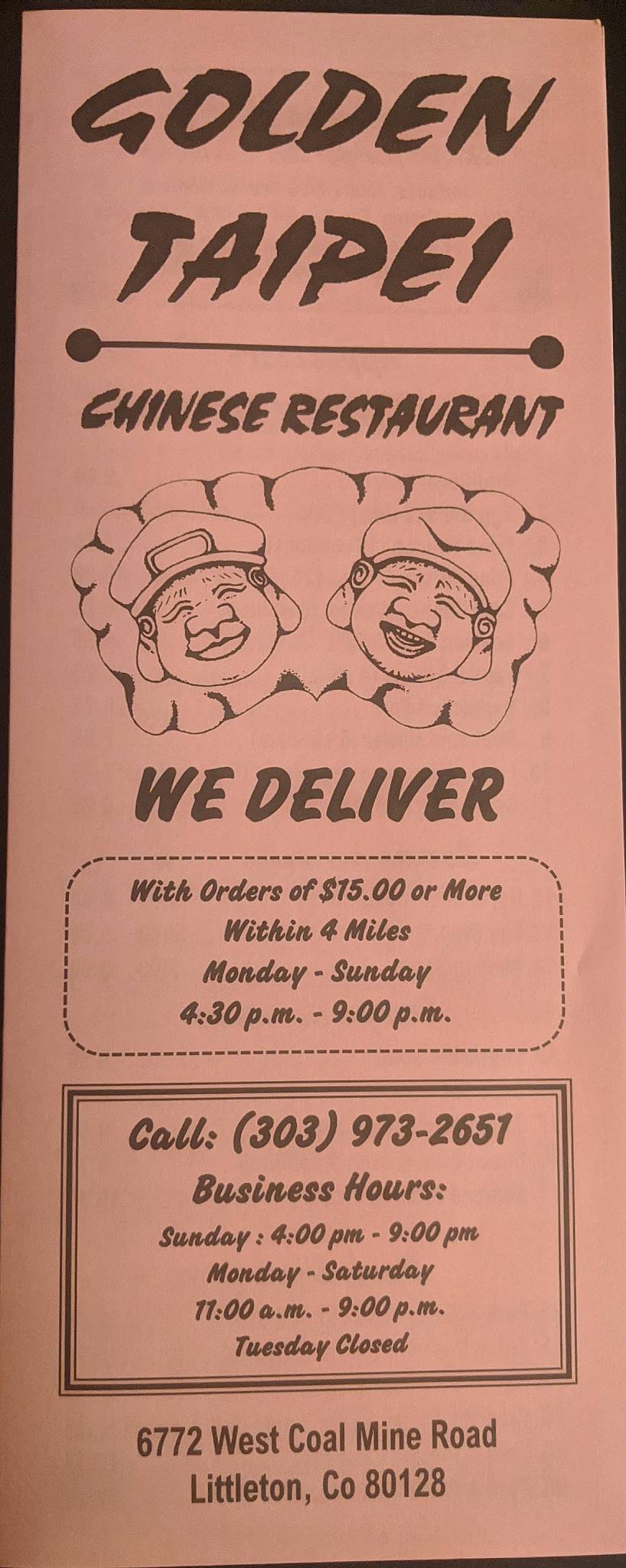 Menu at Golden Taipei Chinese Restaurant, Littleton