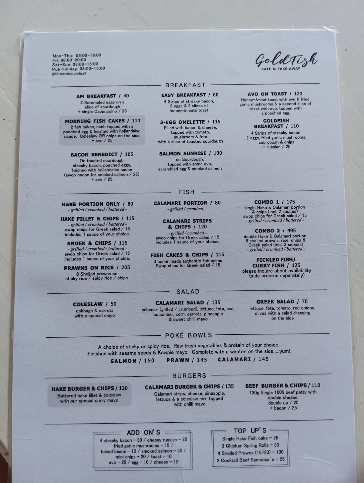 Menu at Goldfish Cafè & Take Away restaurant, Cape Town