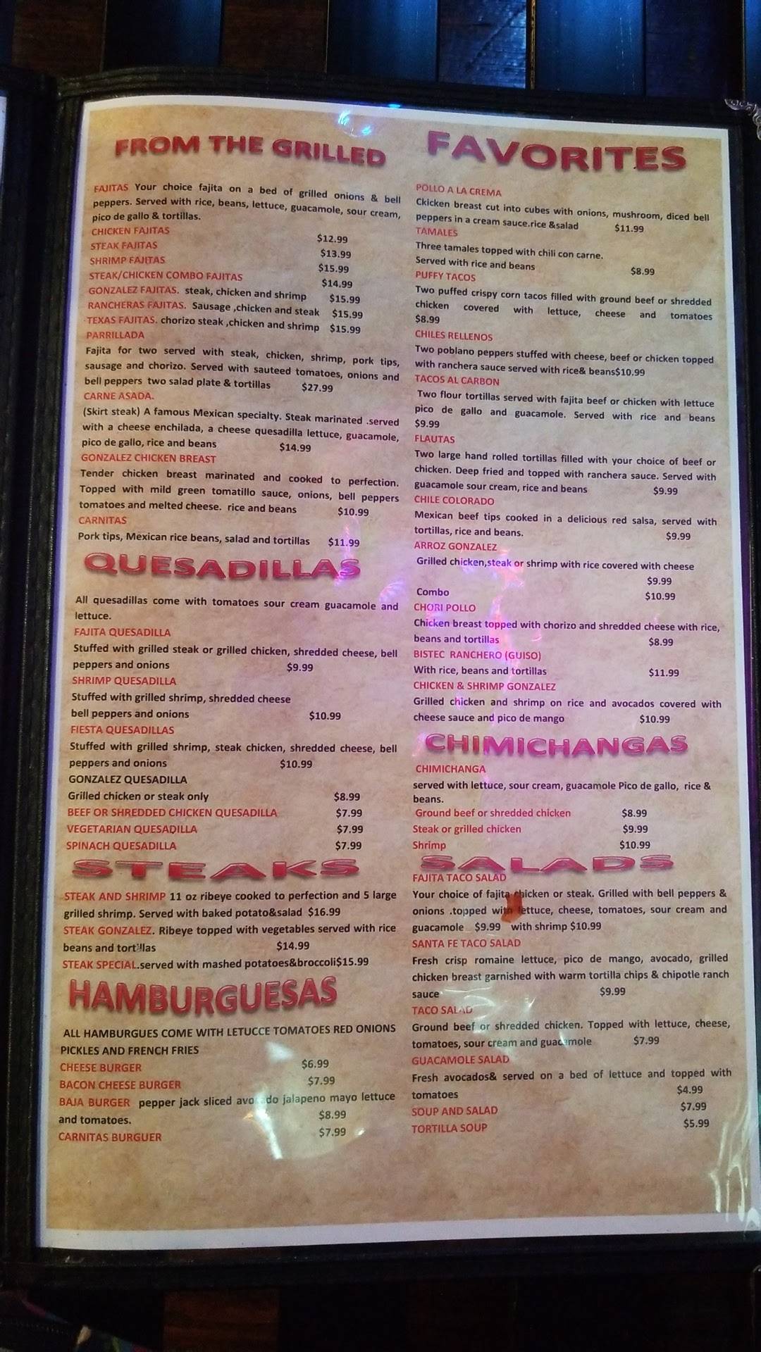 Menu at Gonzalez Mexican Restaurant, Homer