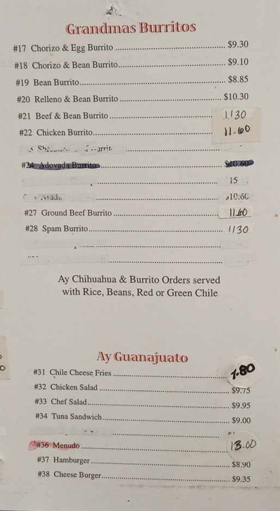 Menu at Grandma's Resturaunt (Restaurant), Navajo