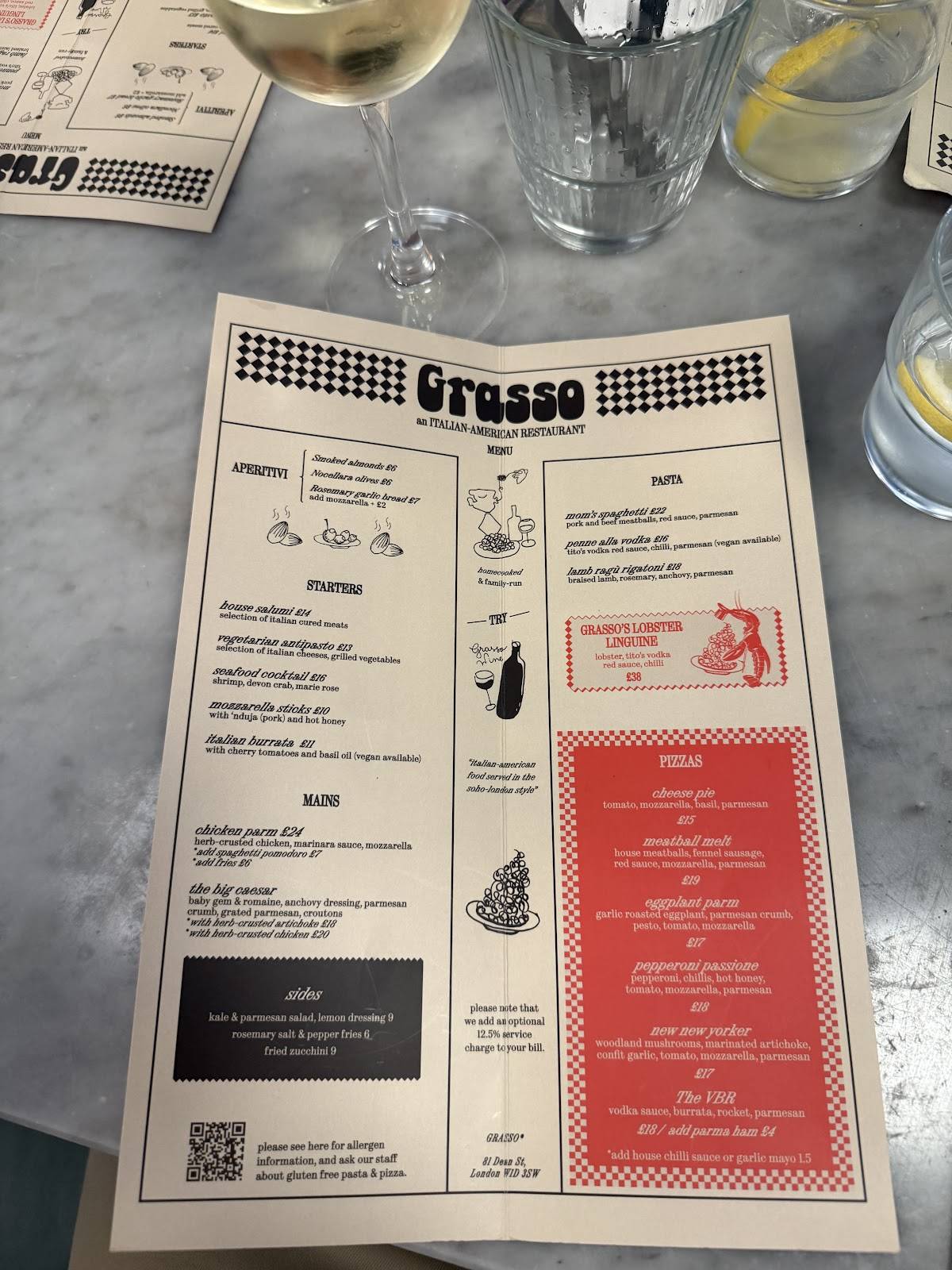 Menu w Grasso restauracja, Londyn
