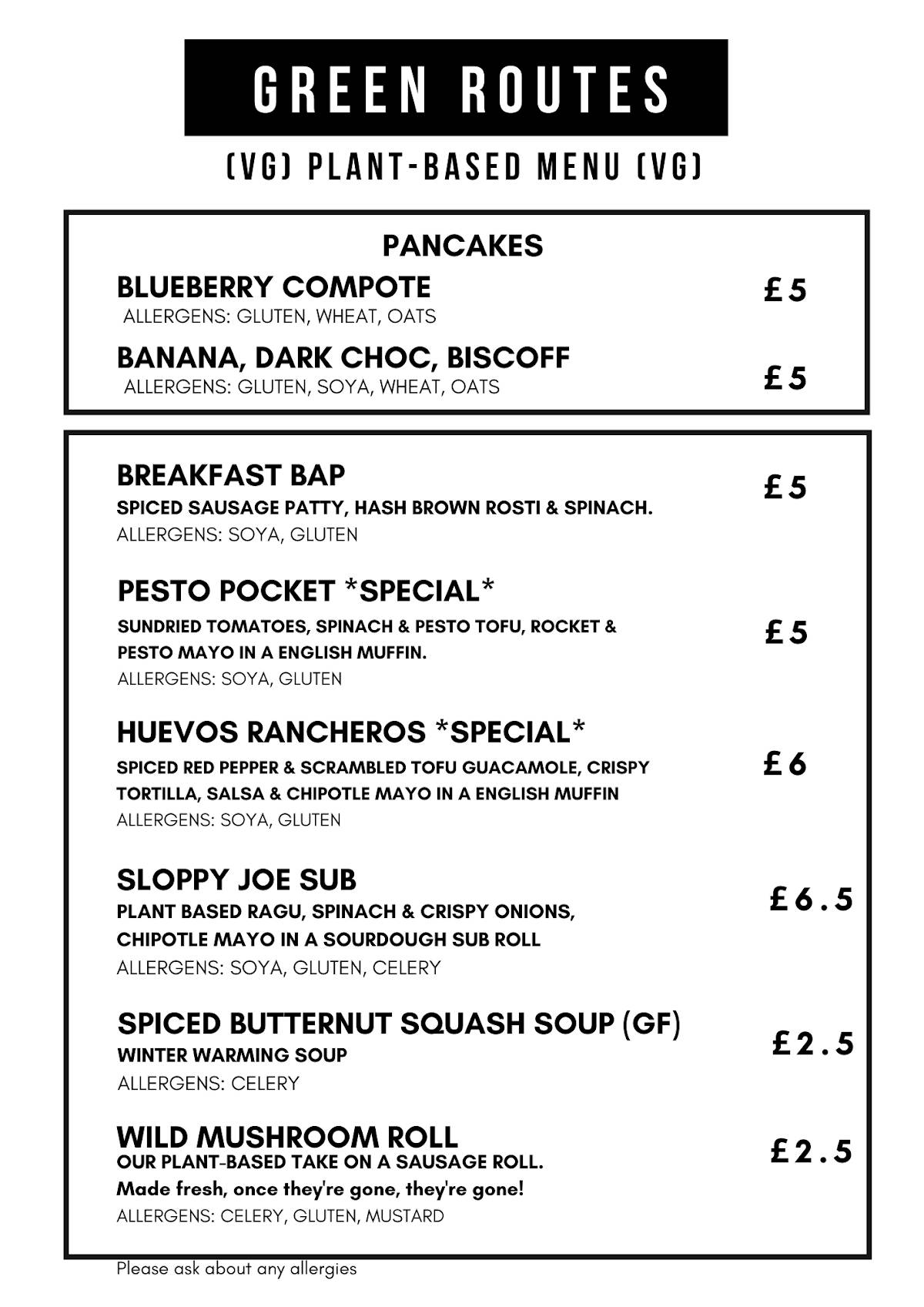 Menu at Green Routes Cafe, Oxford