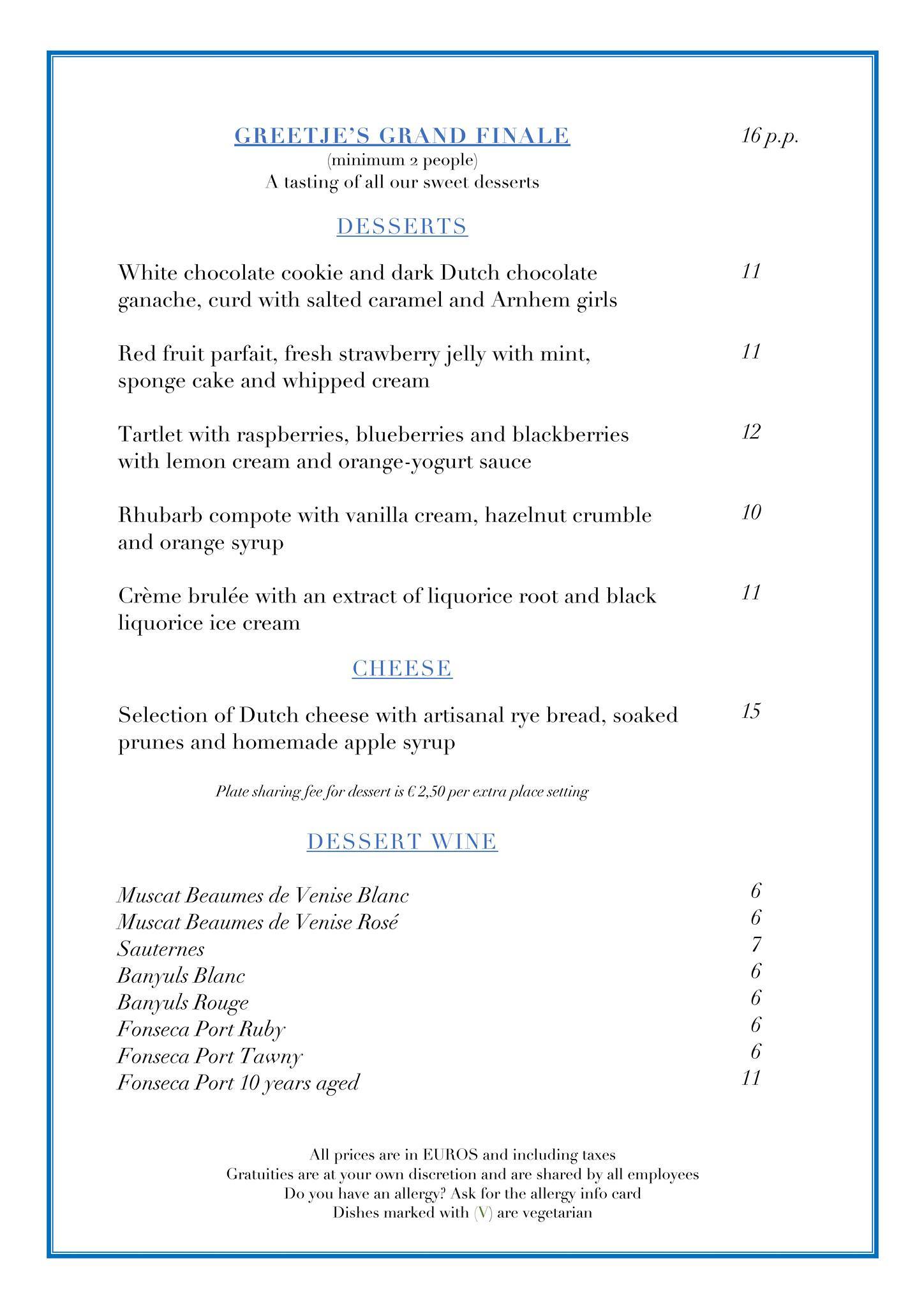 Menu at Greetje, Amsterdam