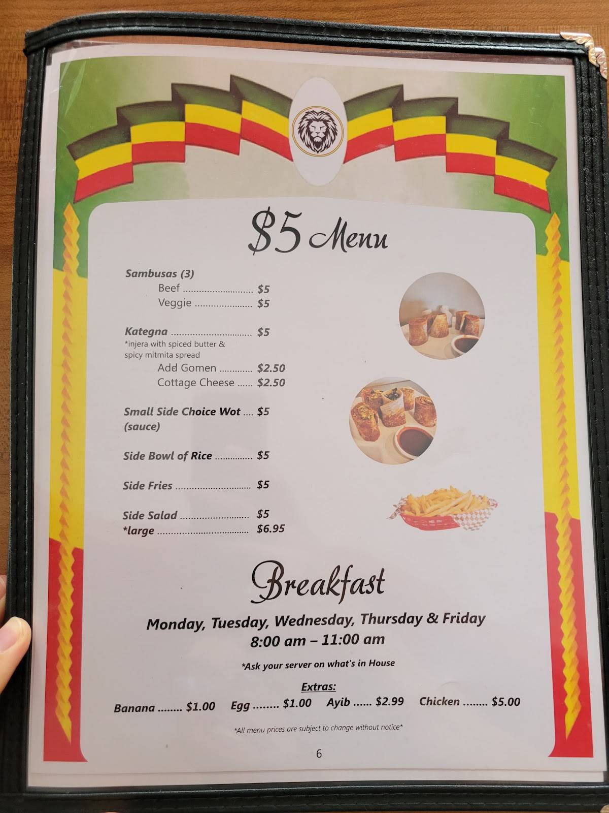Menu at Habesha Restaurant, Ottawa, 99 Montréal Rd