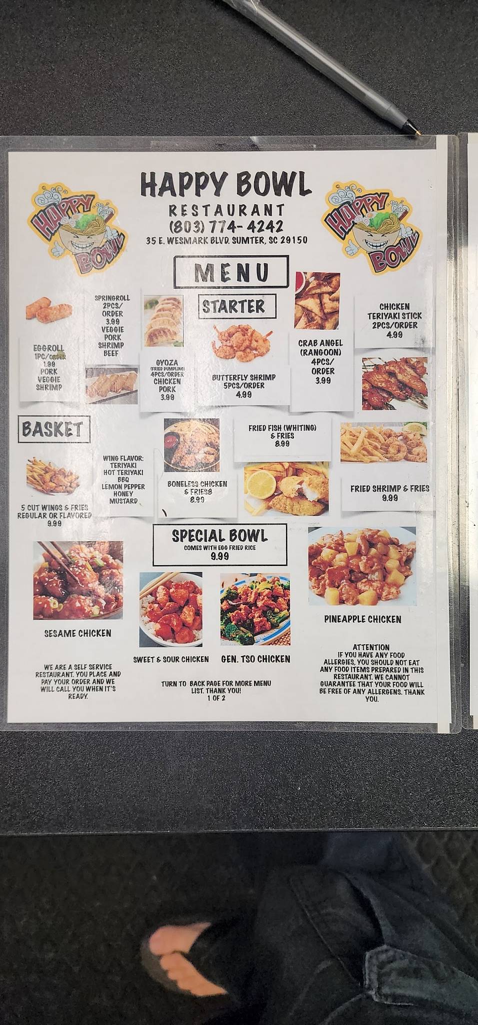 Menu at Happy Bowl restaurant, Sumter
