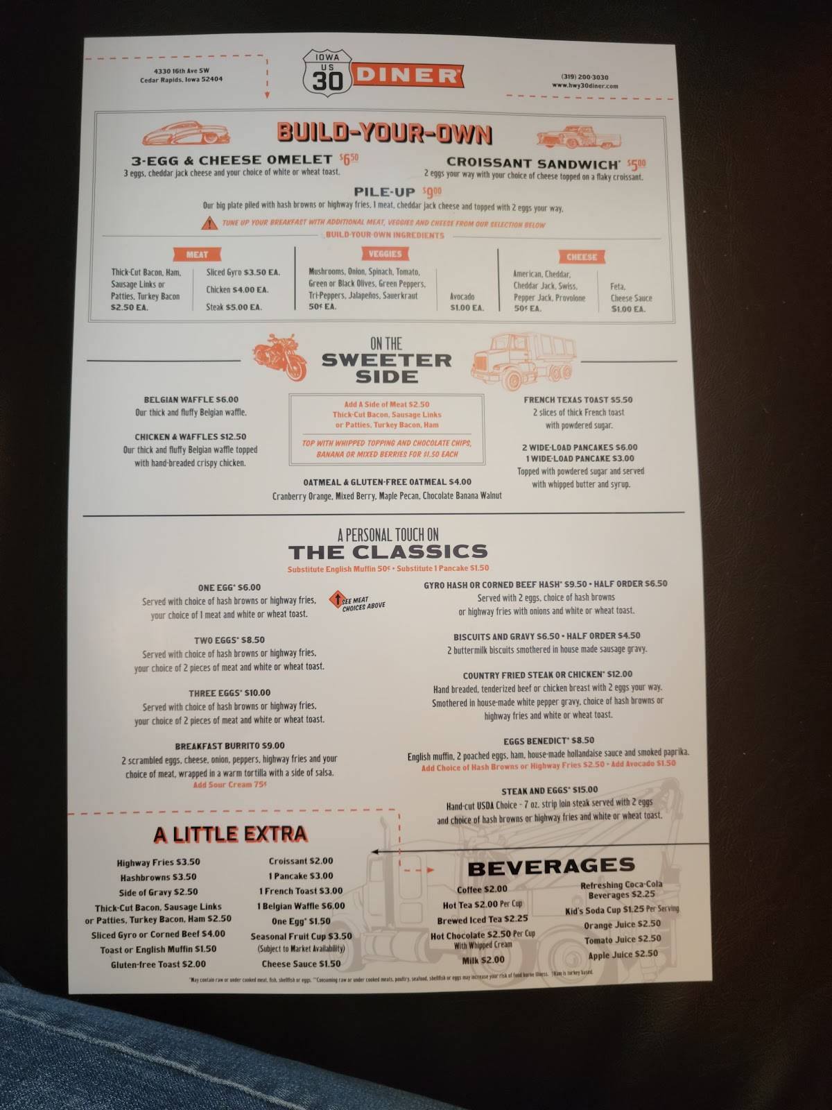 Menu at Highway 30 Diner restaurant, Cedar Rapids