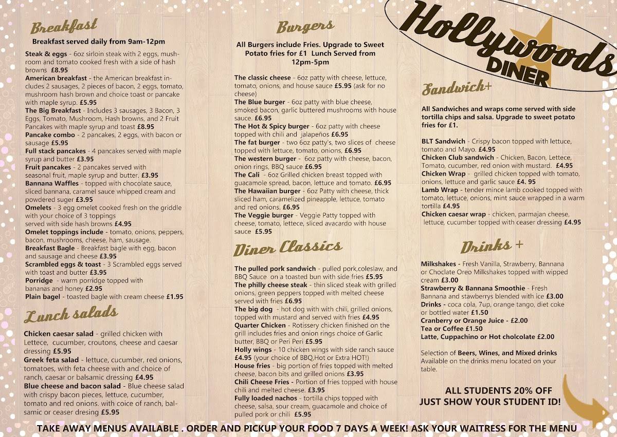 Menu at Hollywoods American Diner restaurant, Bournemouth