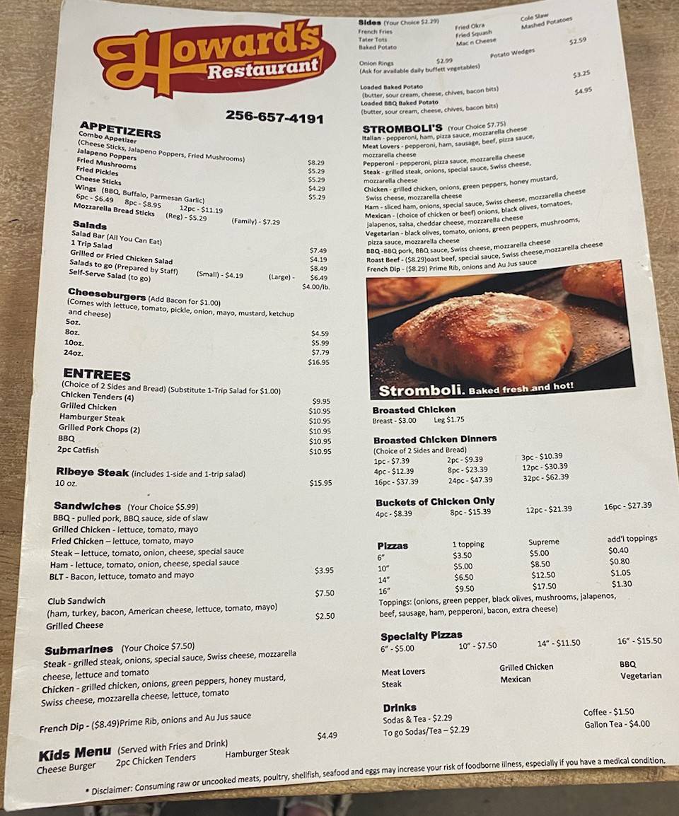 Menu at Howard's restaurant, Henagar, AL-75