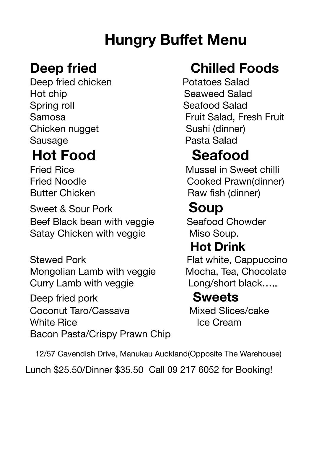 Carta del restaurante Hungry Buffet All You Can Eat, Auckland