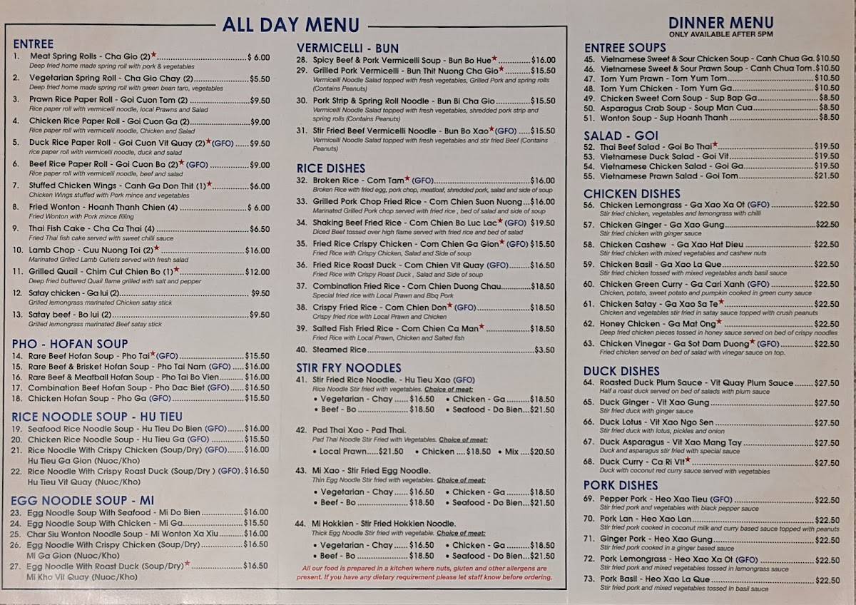 Menu at Huong Viet Noodle House restaurant, Claremont
