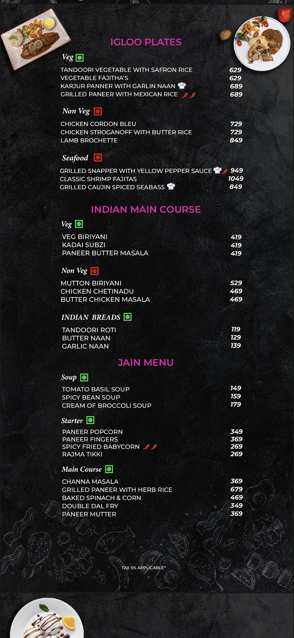 Menu at Igloos rooftop restaurant, Chennai