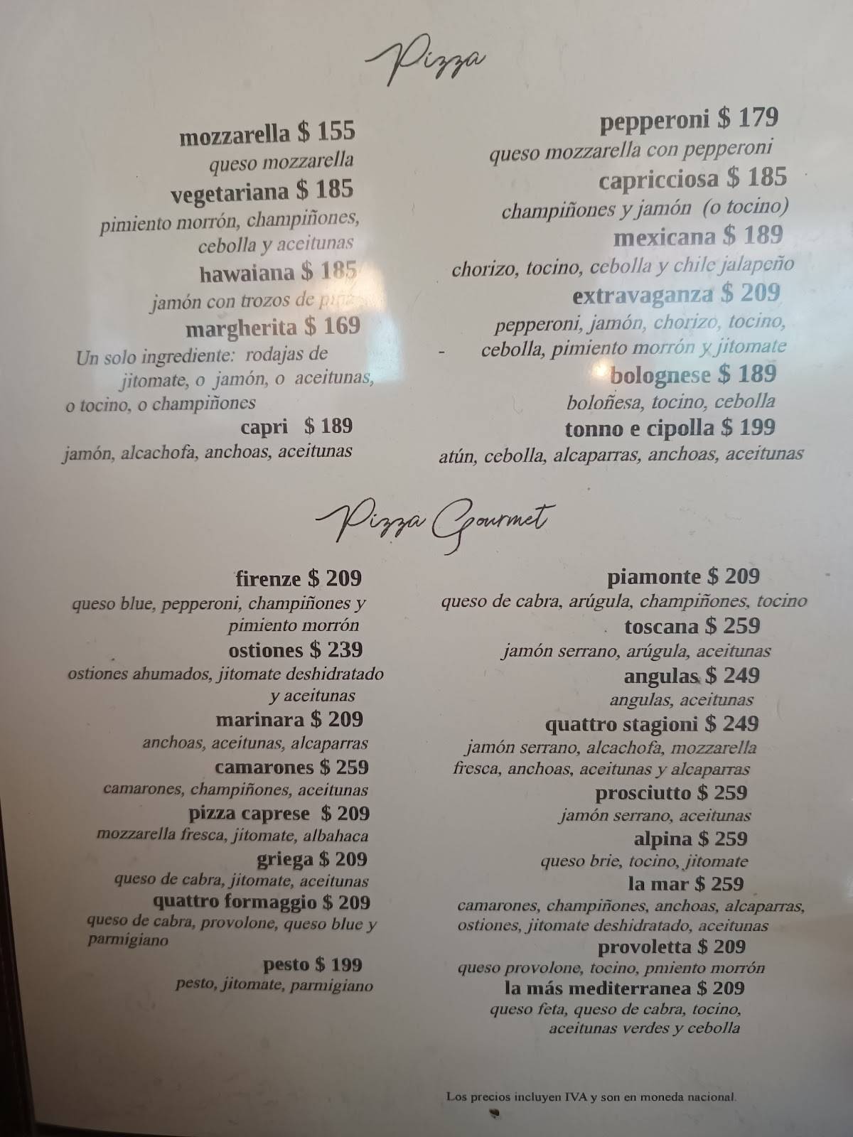 Carta del restaurante Il Ritrovo, Ciudad del México