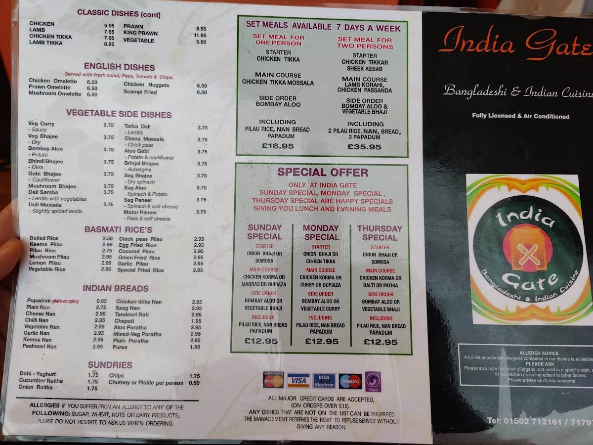 Menu at India Gate restaurant, Beccles