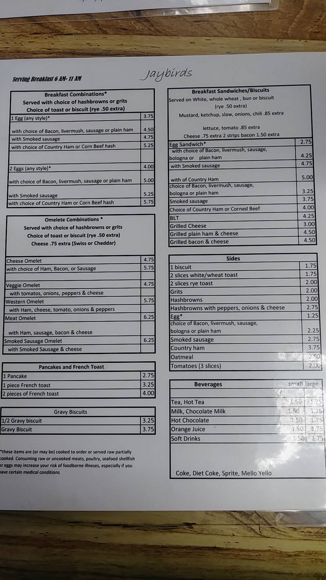 Menu at J-Birds restaurant, Mint Hill