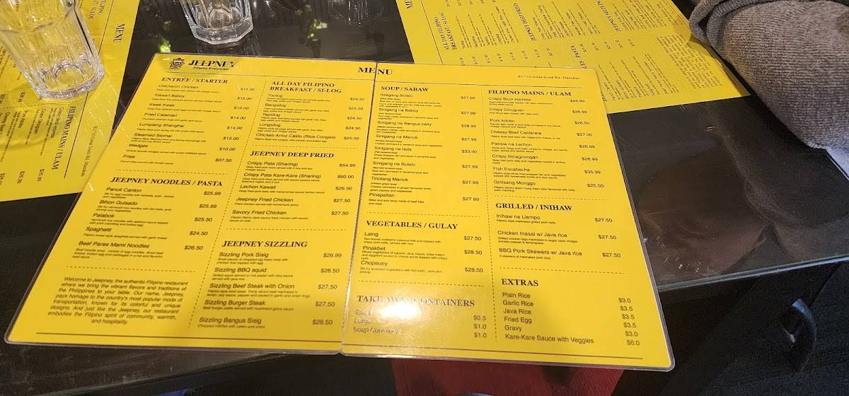 Menu at Jeepney Filipino Restaurant, Auckland, B1/710 Great South Rd