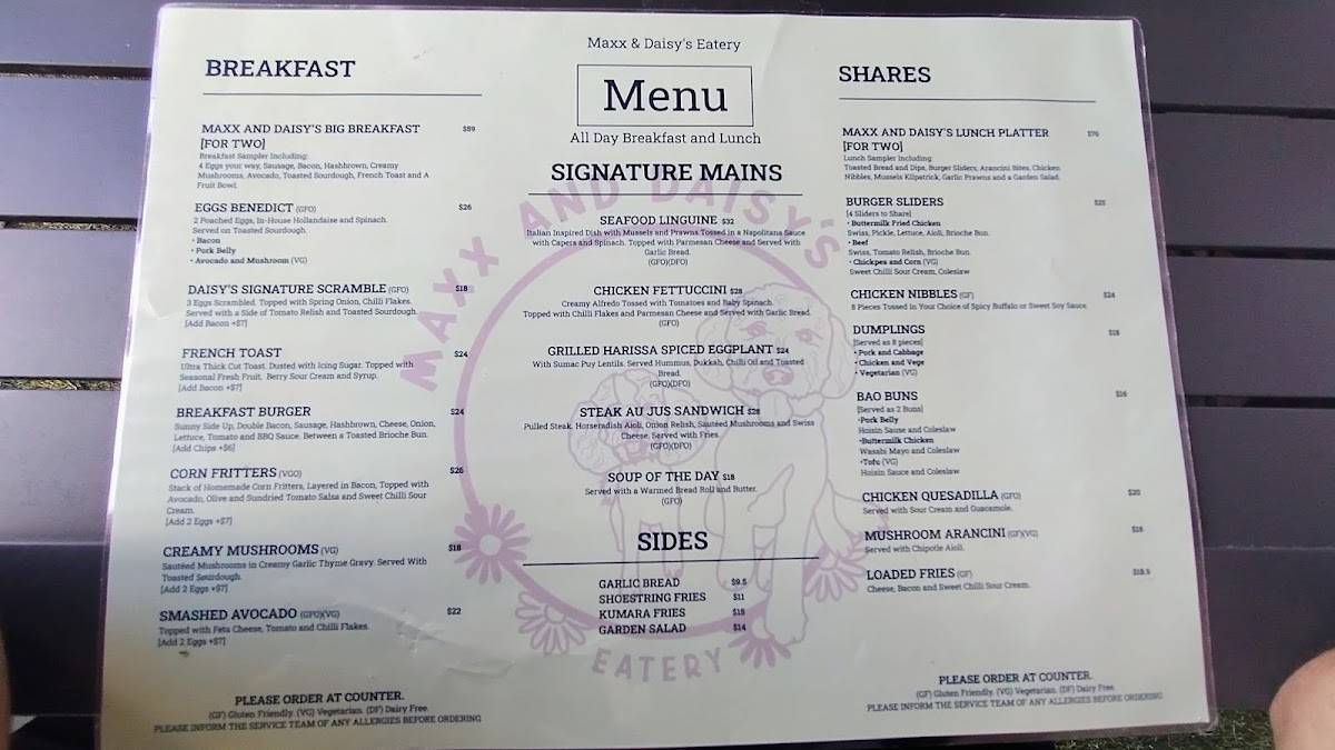 Menu at Jimmys Ice Cream restaurant, Auckland