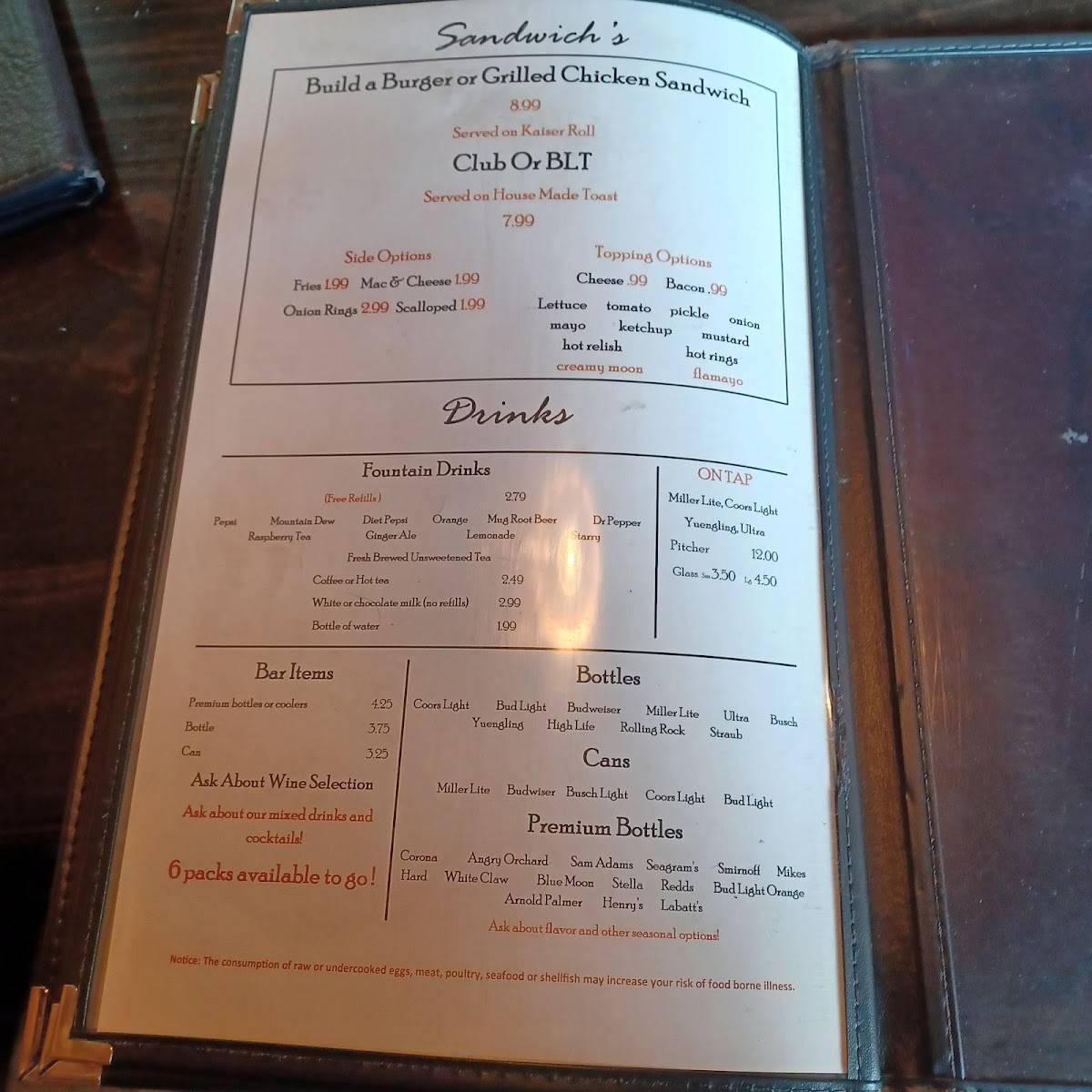Menu at Joey's restaurant, Houtzdale