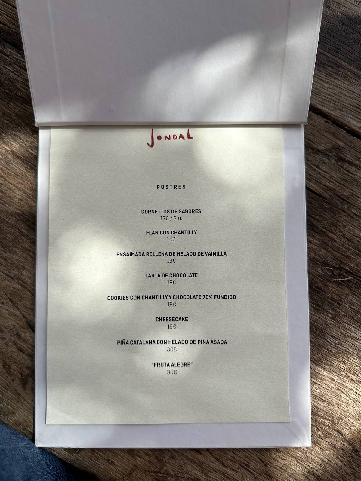 Menu at Jondal restaurant, Formentera