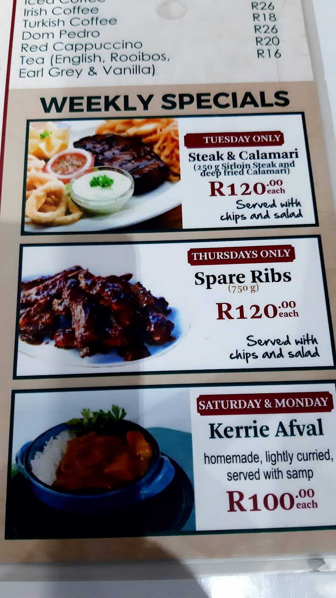 Menu at Kafe Serefe restaurant, George