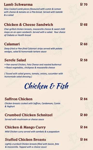 Menu at Kafe Serefe restaurant, George