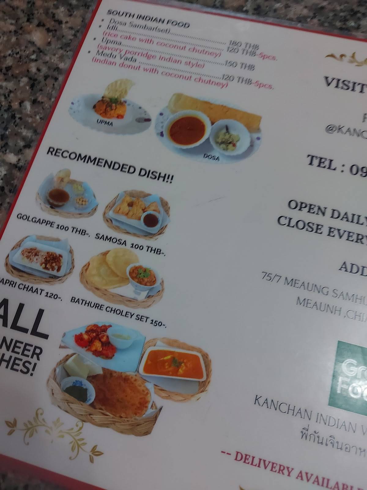 Menu at Kanchan Indian Food (Home Made, Pure Veg) restaurant, Chiang Mai