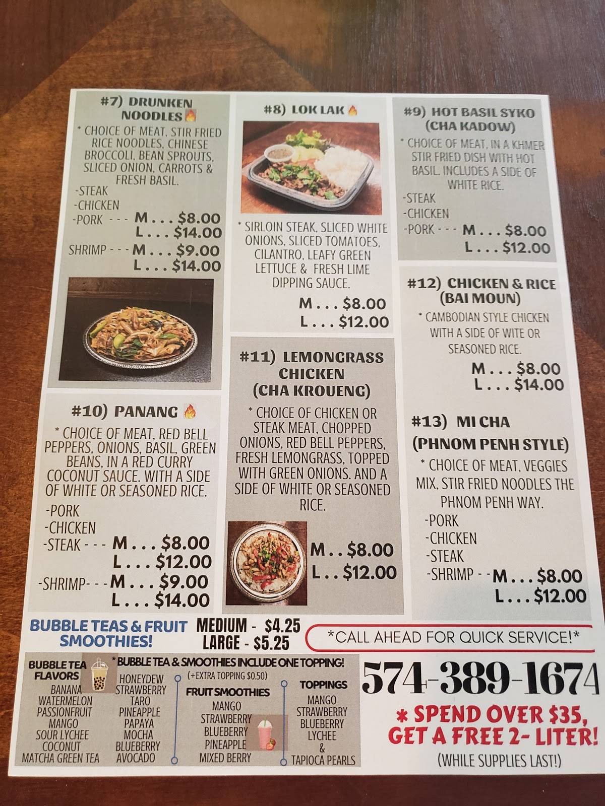 Menu at Kao's restaurant, Elkhart