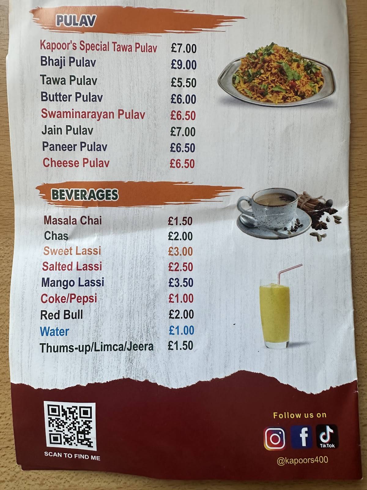 Menu at Kapoor's Indian Street Food restaurant, Harrow