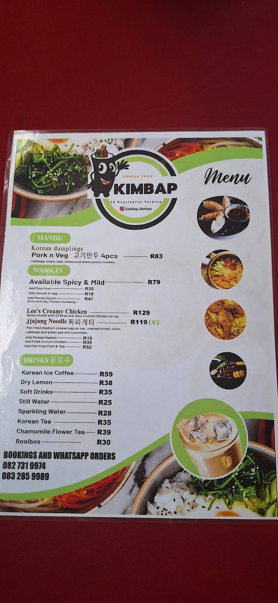 Menu at Kimbap.Durban restaurant, Durban North