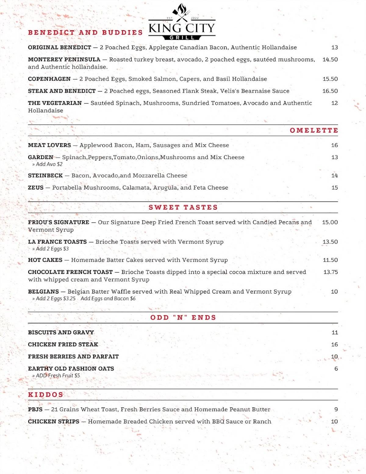 Menu at King City Grill restaurant, King City