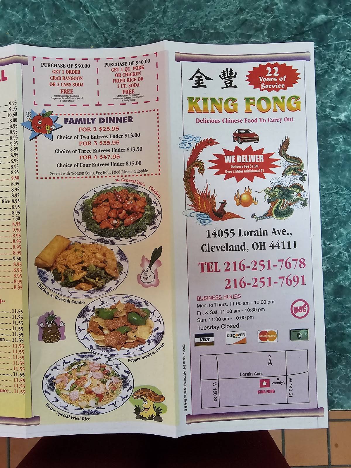 Menu at King Fong Chinese Restaurant, Cleveland, Lorain Ave
