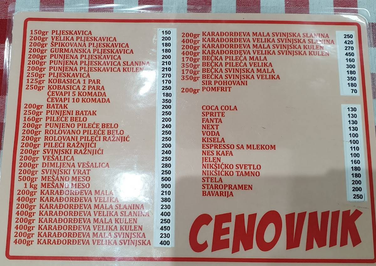 Menu at Kloperaj RADIĆ roštilj na ćumuru restaurant, Veternik