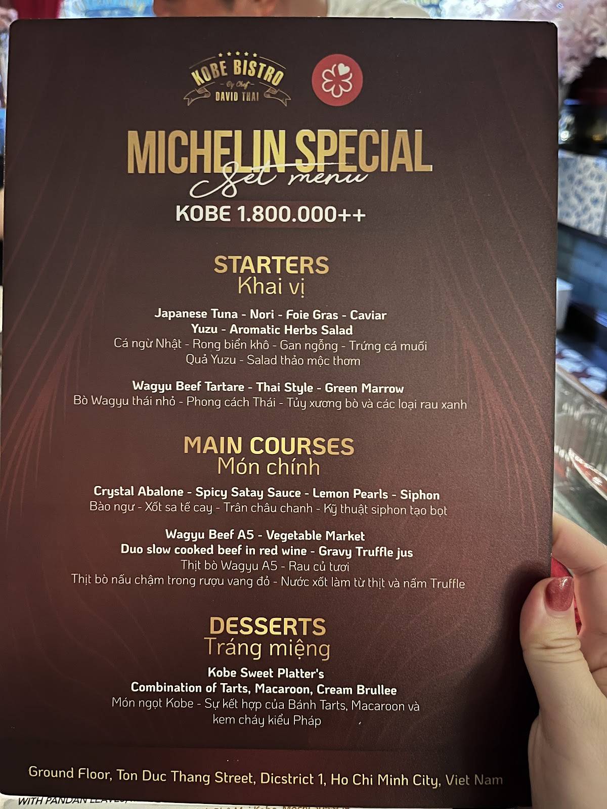 Menu at Kobe Bistro By Chef David Thai restaurant, Ho Chi Minh City