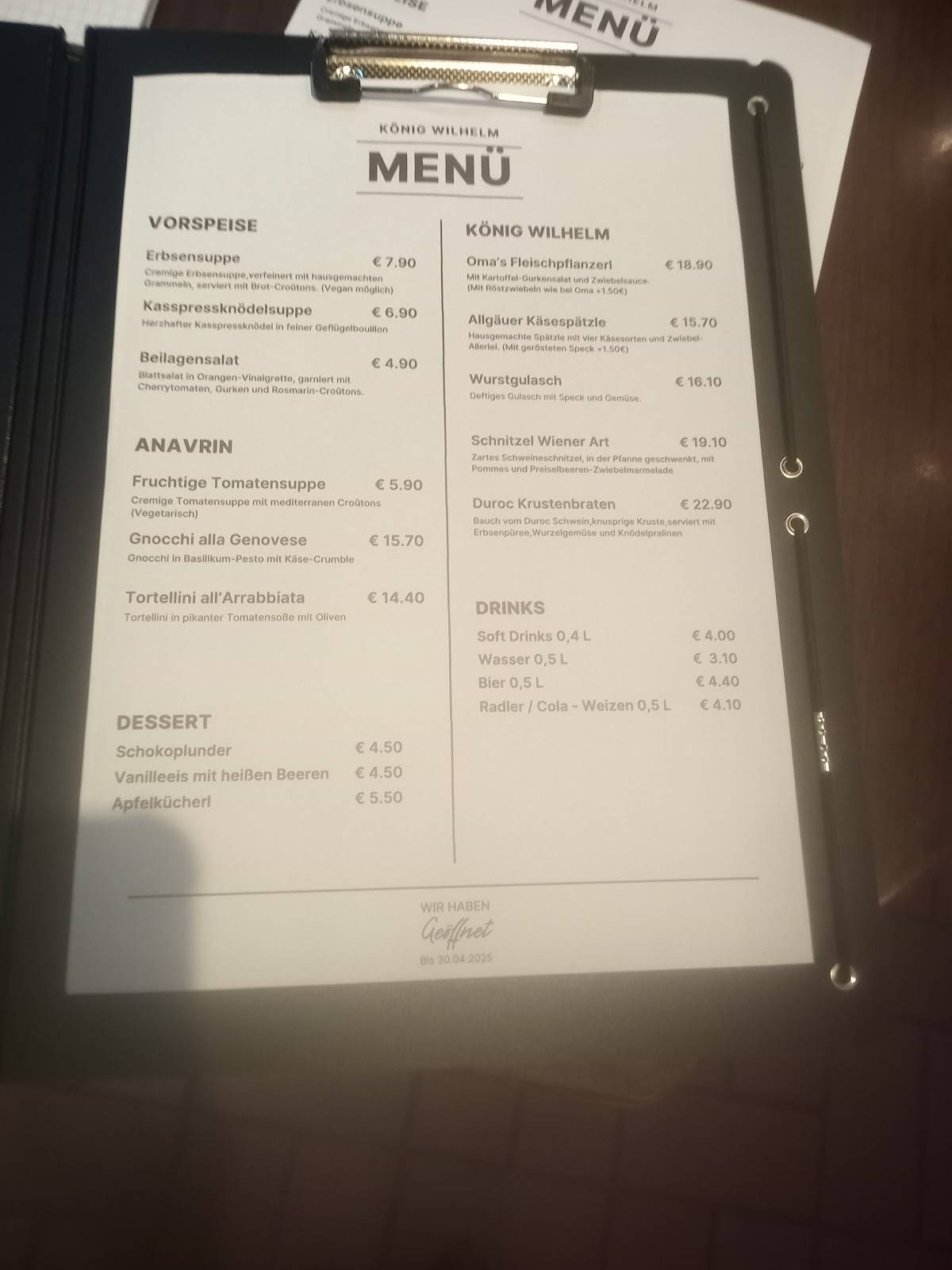 Menu at Restaurant König Wilhelm / Anavrin, Ulm