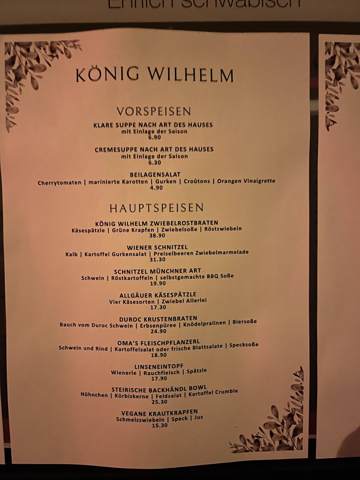 Menu at Restaurant König Wilhelm / Anavrin, Ulm