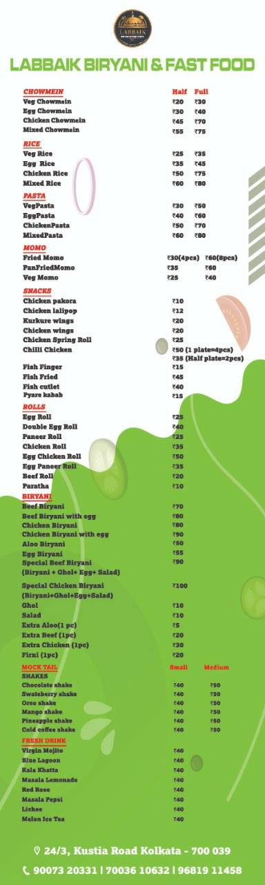 Menu at LABBAIK BIRYANI AND FAST FOOD, Kolkata