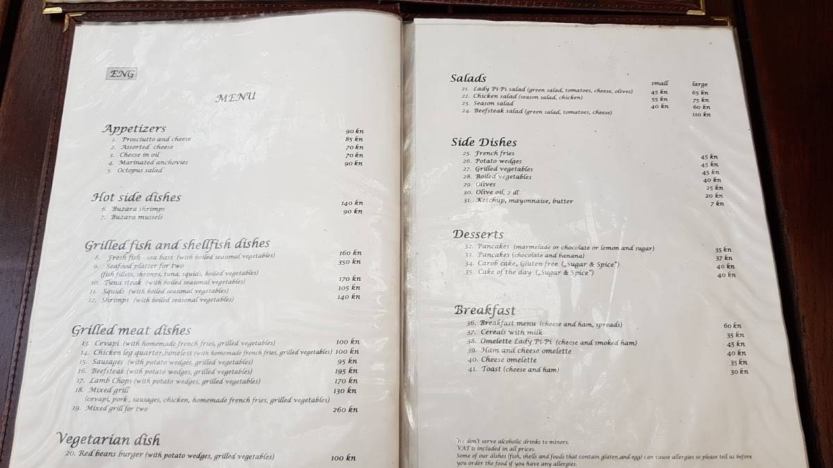 Menu at LADY PI-PI restaurant, Dubrovnik
