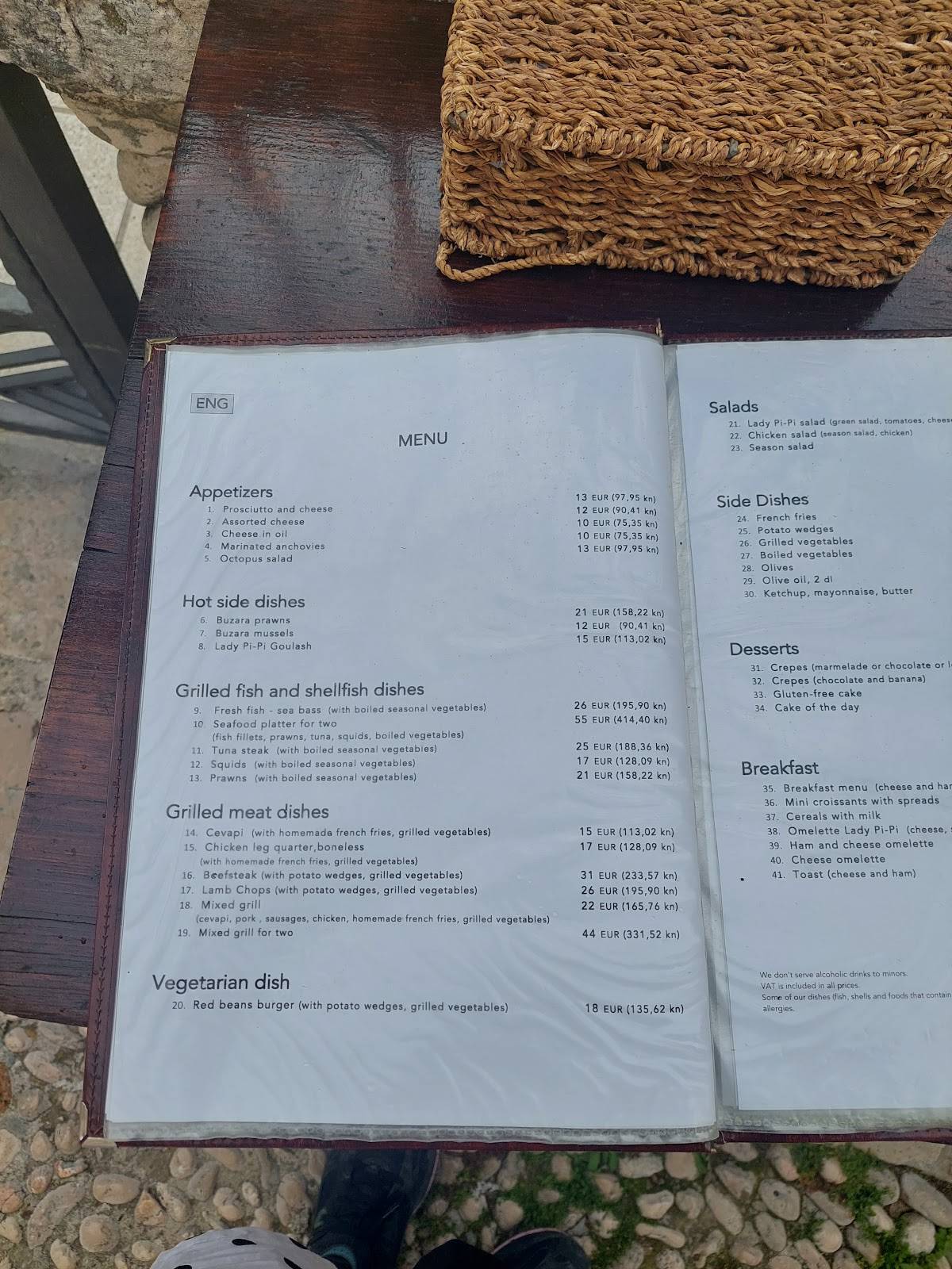 Menu at LADY PI-PI restaurant, Dubrovnik