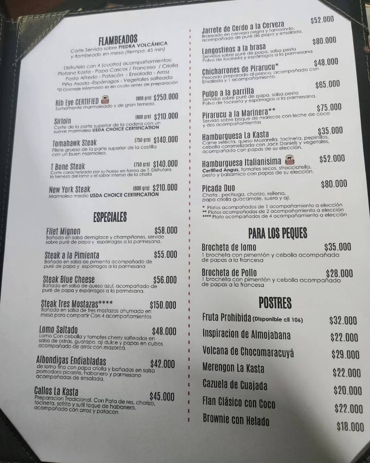 Carta del restaurante La Kasta Parkway, Bogotá