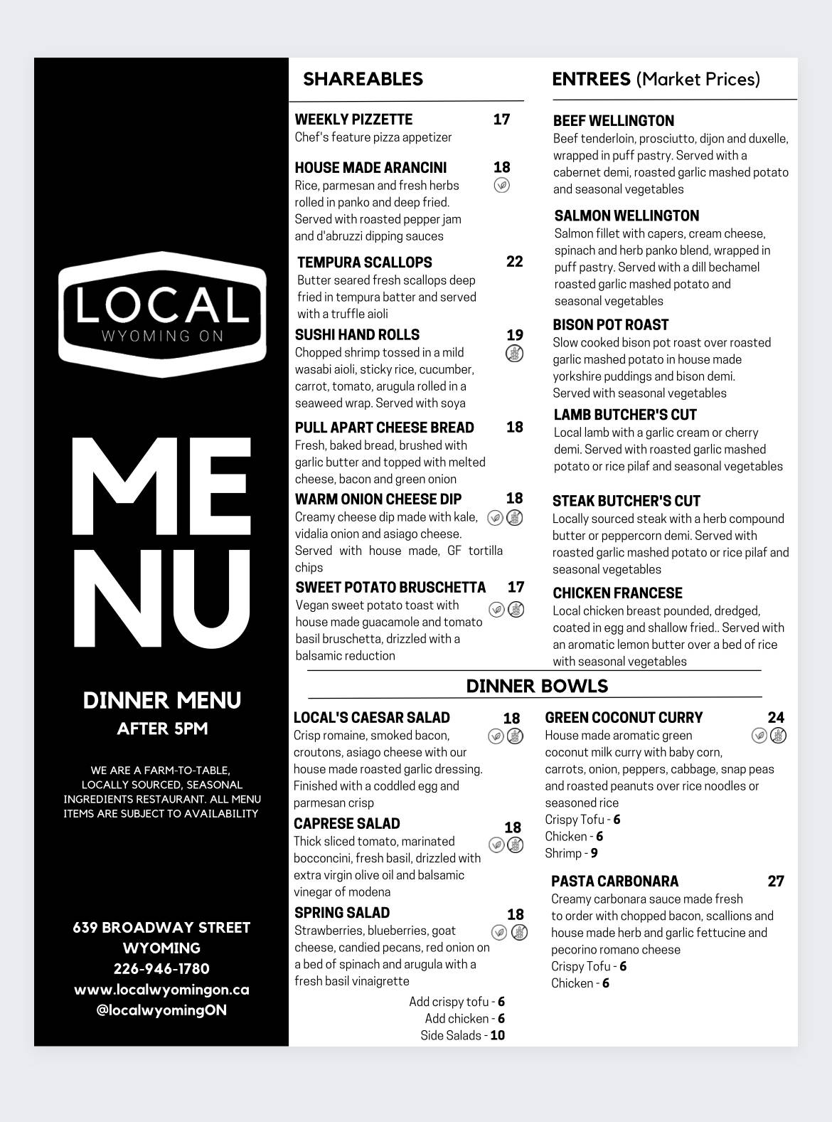 Menu at LOCAL Wyoming ON restaurant, Plympton-Wyoming