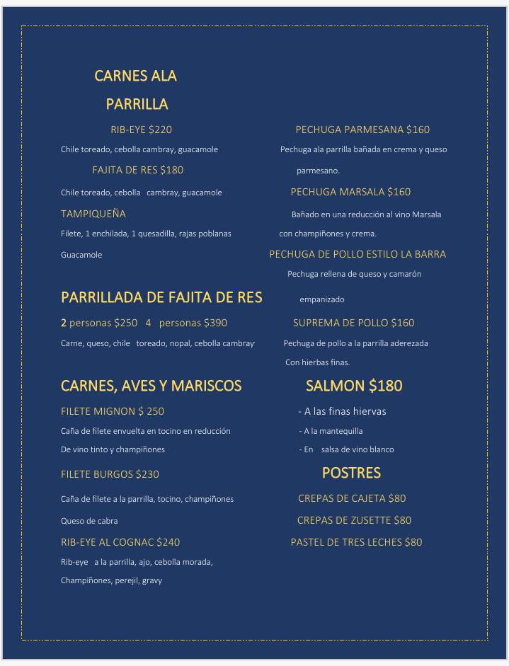 Carta de La Barra Bar & Grill, Matamoros