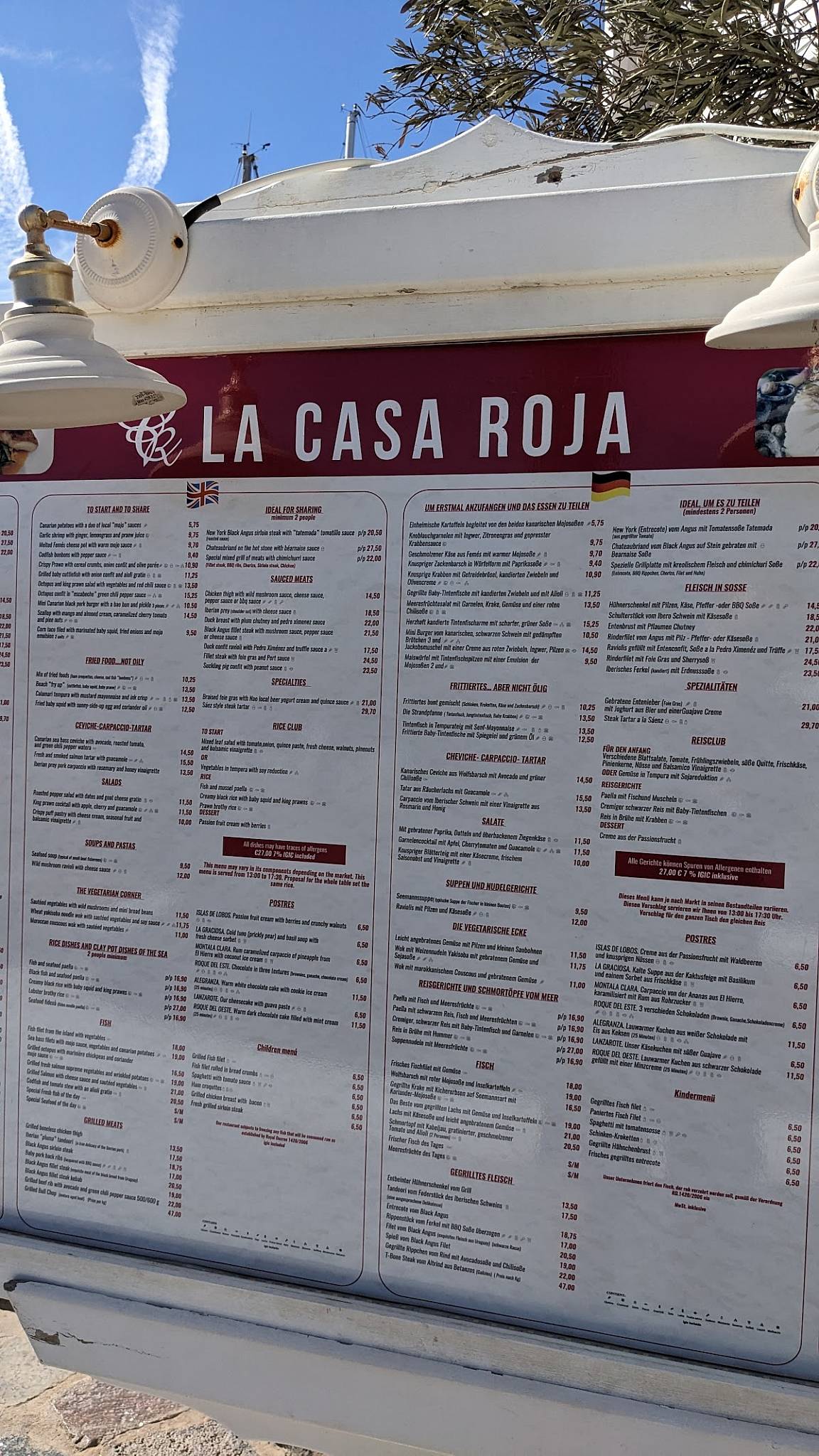 Menu at La Casa Roja restaurant, Playa Blanca, Puerto Deportivo Marina ...