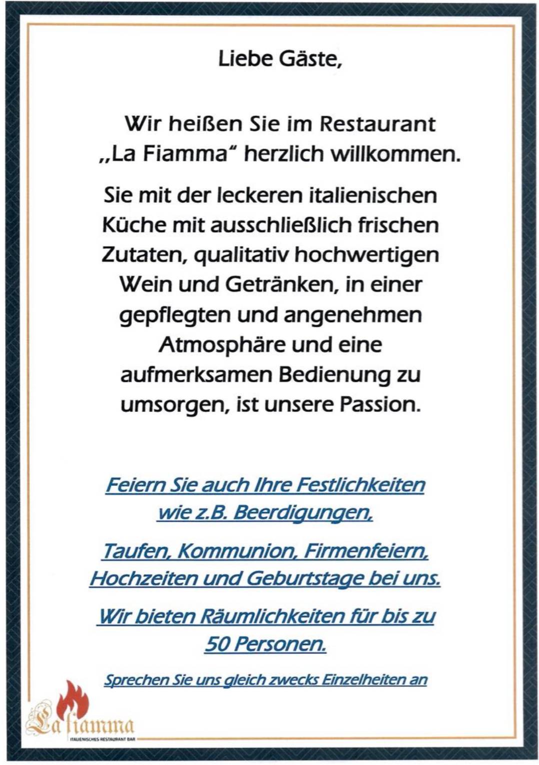 Speisekarte von La Fiamma restaurant, Köln, Höninger Weg 416