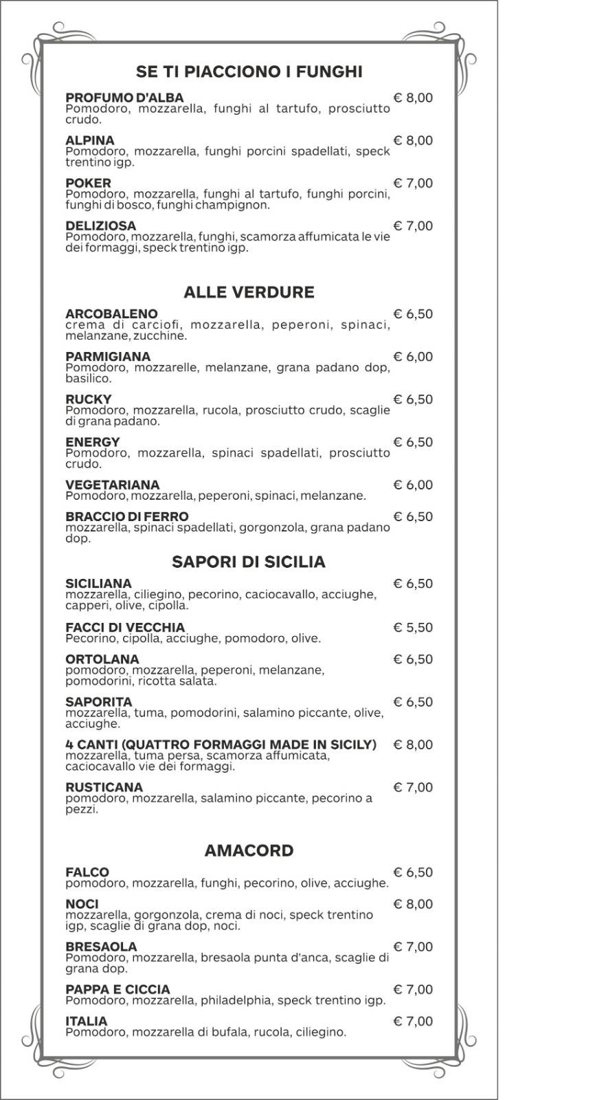 Speisekarte von La Locanda del Falco restaurant, Cammarata