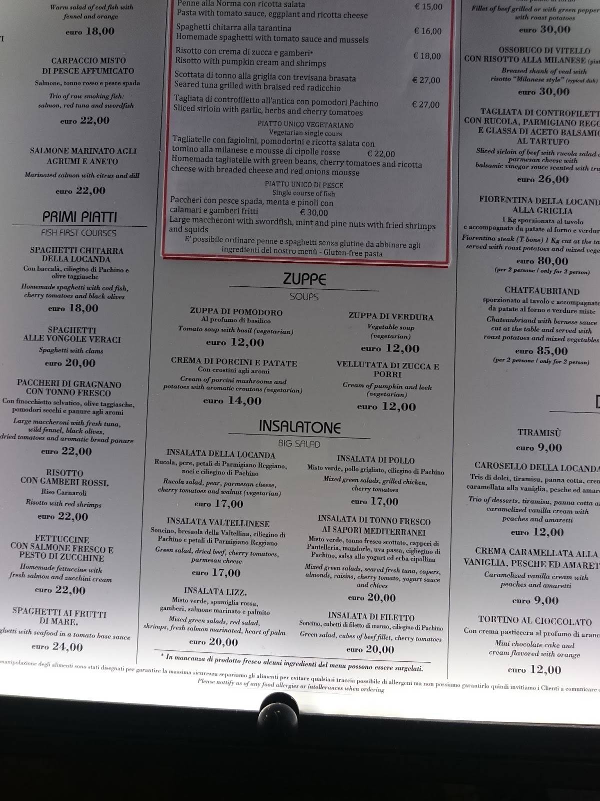 Menu da La Locanda del Gatto Rosso ristorante, Milano, Via Ugo Foscolo ...