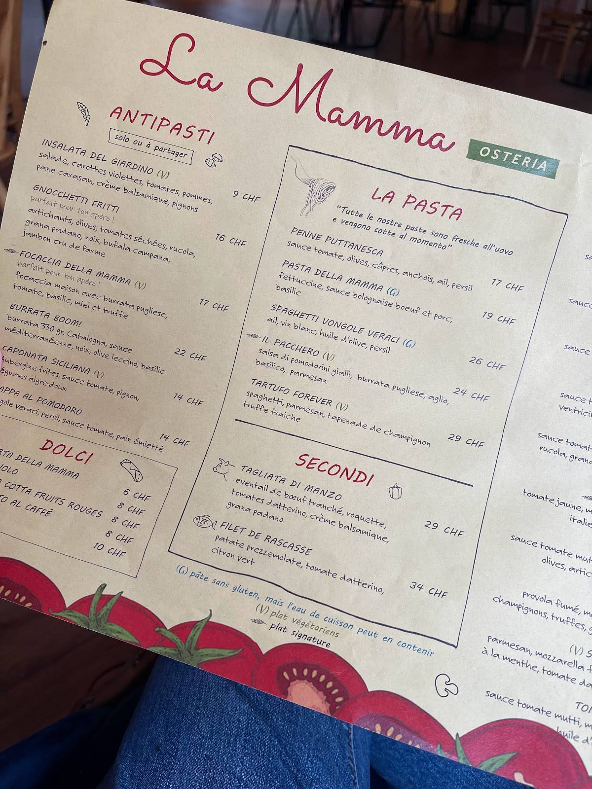 Menu au La Mamma Osteria, Lausanne