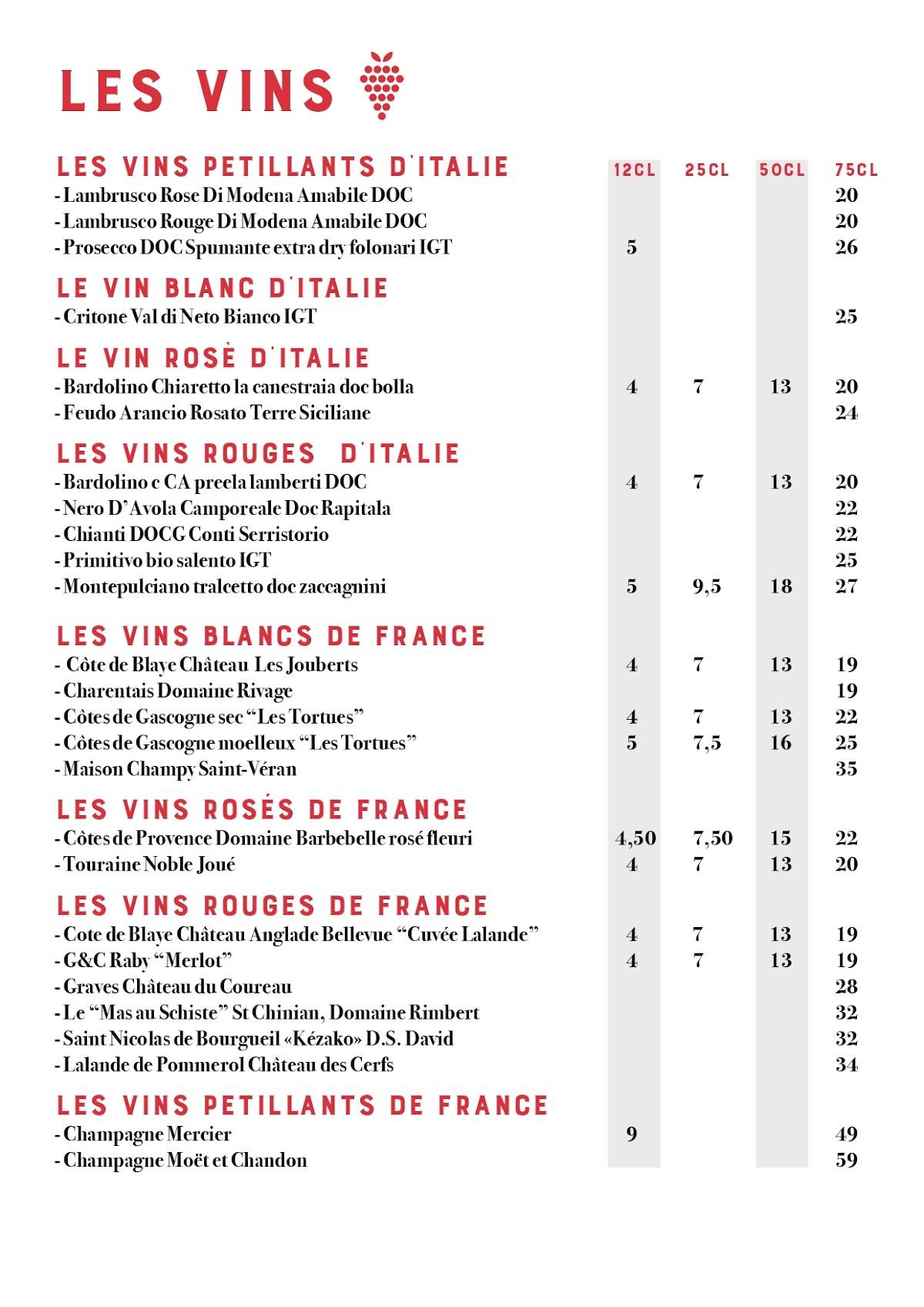 Menu au La Scala Cognac restaurant, Cognac