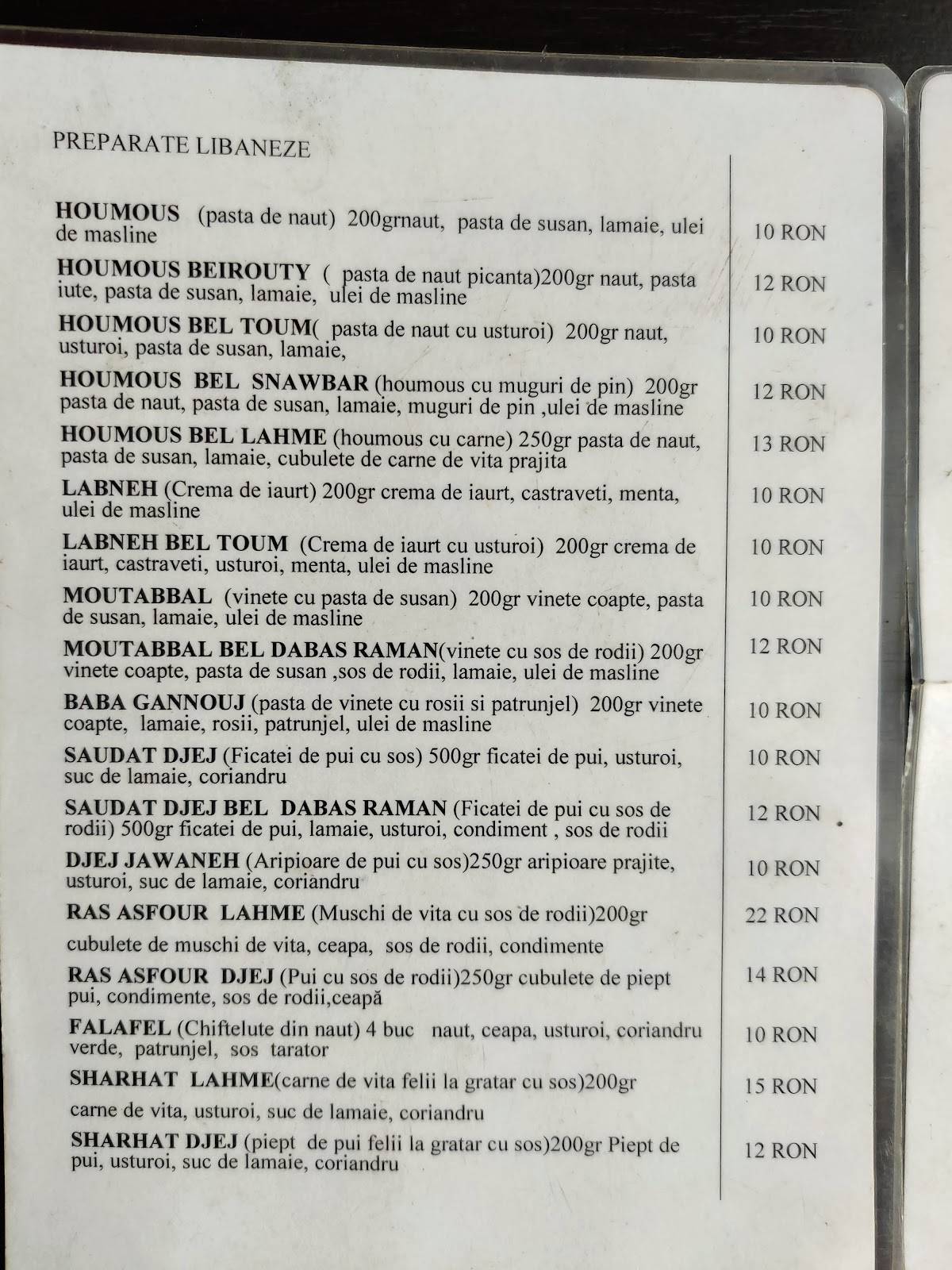 Menu at La Tamara, Constanța