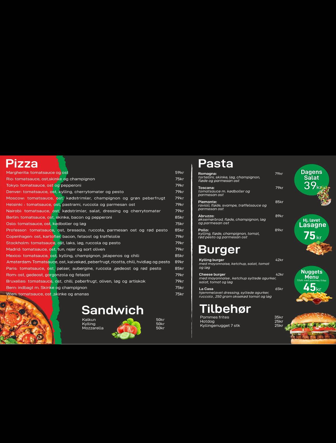 Menu au La casa pizza restaurant, Copenhague